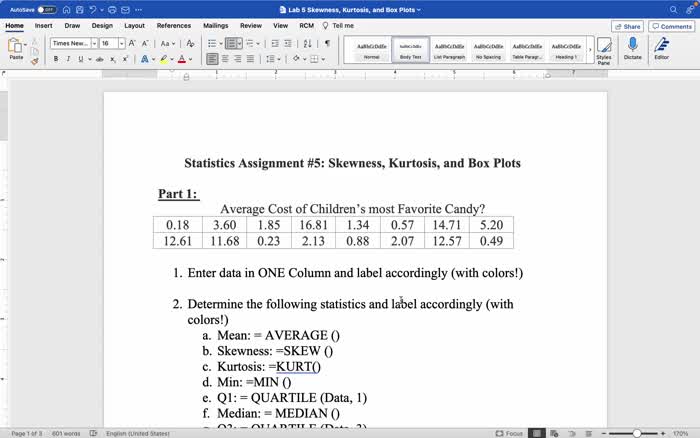 Lab 5: Skewness, Kurtosis, Box Plots