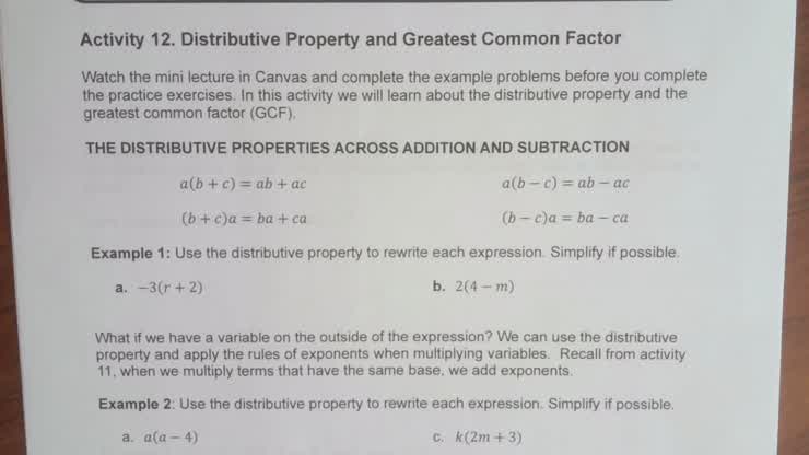 Math 100 - Activity 12 - Distributive Property and GCF