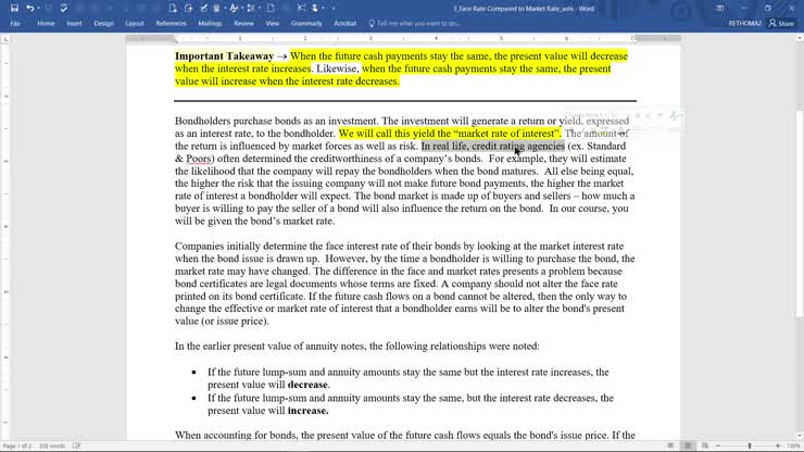 Face Rate Compared to Market Rate (Acc 210)