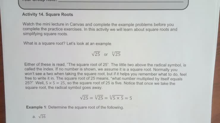 Math 100 - Activity 14 - Square Roots