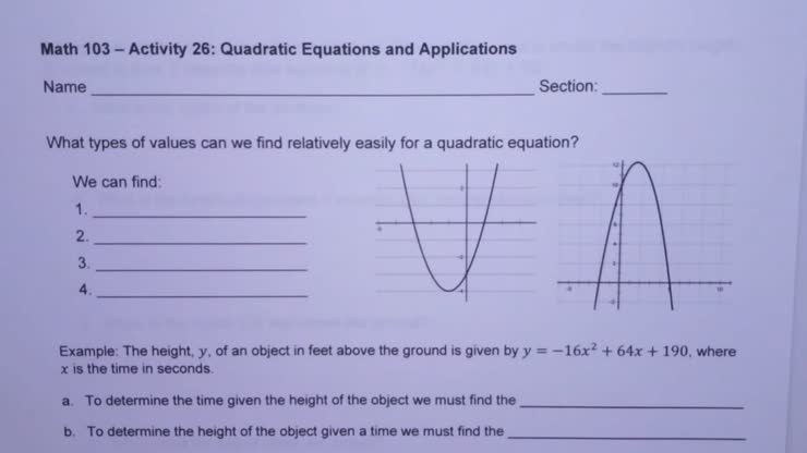 Math 103 Quadratic Equations and Applications