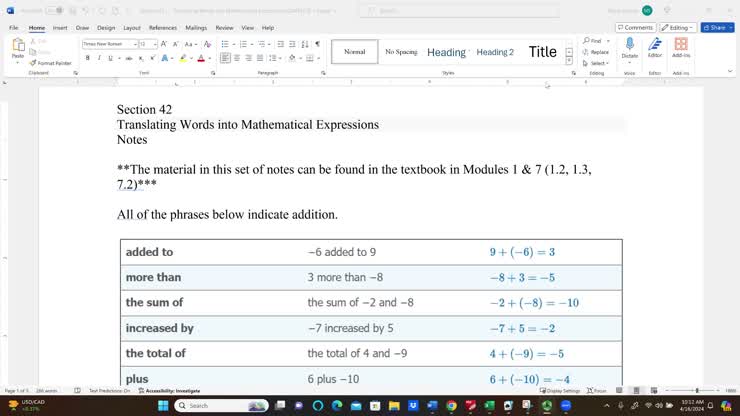 Section 42 -- Translating Words into Mathematical Expressions