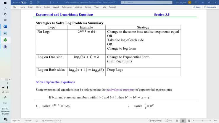 Lesson 3-5: Exponential and Logarithmic Equations