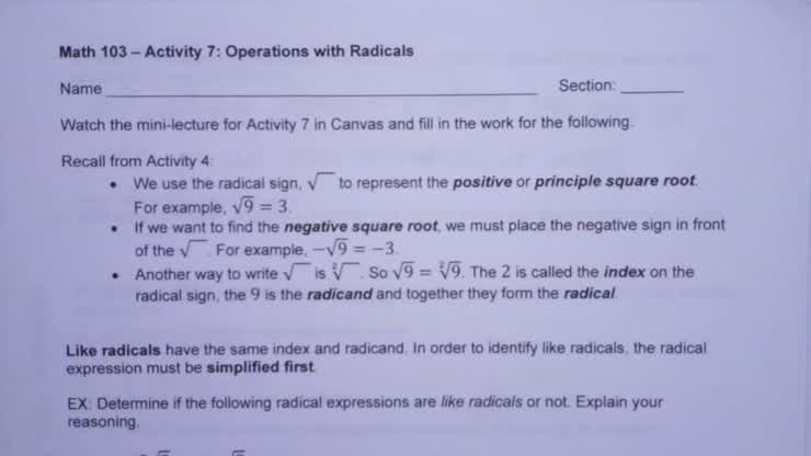 Math 103 Operations with Radicals