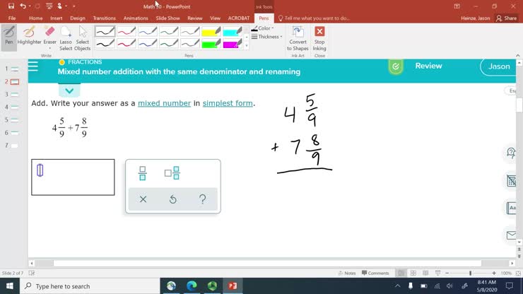 Mixed number addition with same denominator and renaming