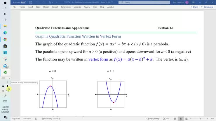 Lesson 2.1: Quadratic Functions and Applications