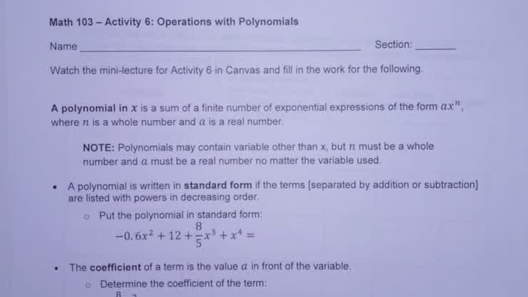 Math 103 Operations with Polynomials