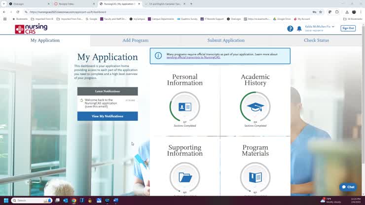 NursingCAS application academic history