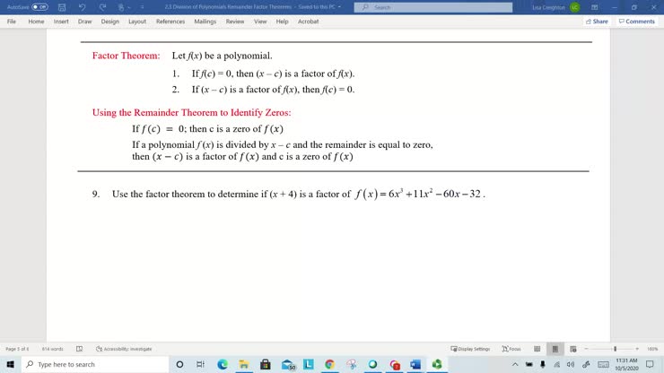 Lesson 2-3 The Factor Theorem
