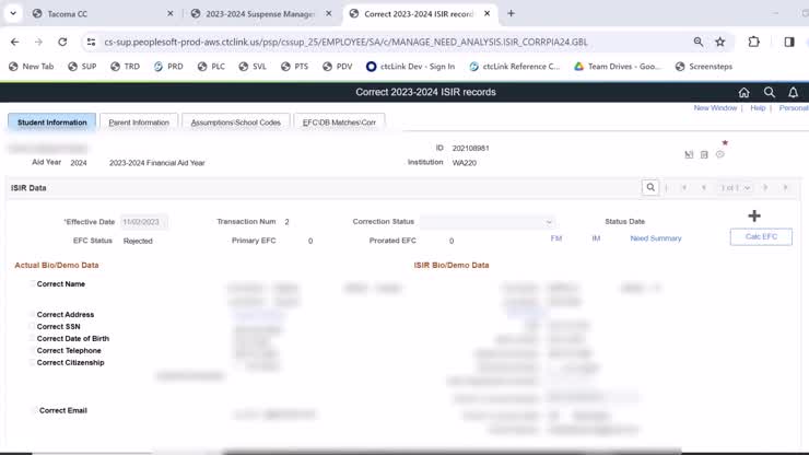 Making Corrections on 20xx-20xx Correct ISIR Records page