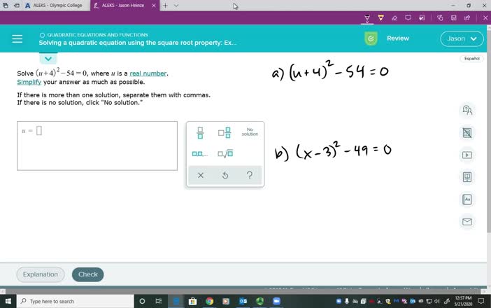 Solving a quadratic equation using the square root property: Exact ...