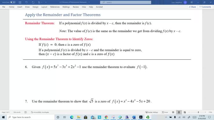 Lesson 2.3: Applying the Remainder and Factor Theorems