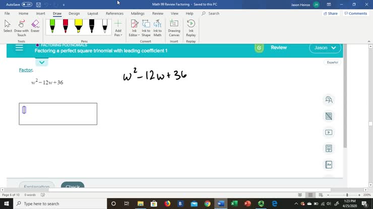 Factoring a perfect square trinomial with leading coefficient 1