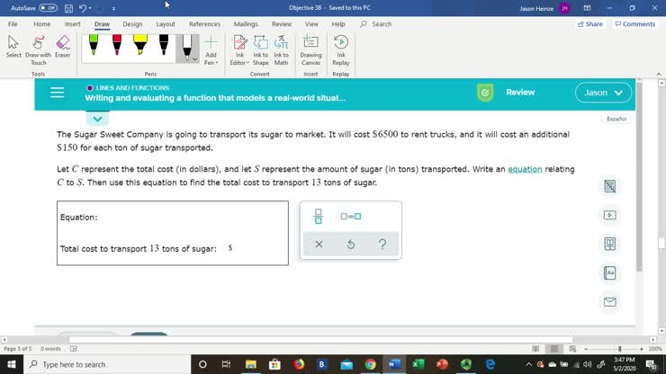 Writing and evaluating a function that models a real-world situation ...