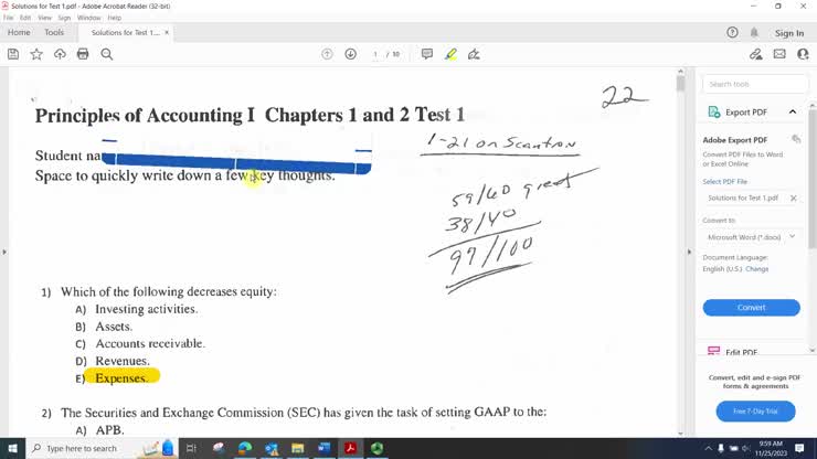 Test One Chapters 1 and 2 Solution review accounting I