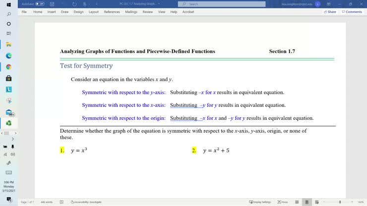 Lesson 1.7 Analyzing Graphs of Functions and Piecewise-Defined Functions: Part 1