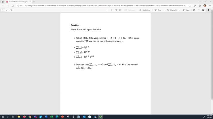 Finite Sums and Sigma Notation Practice; solution for #2