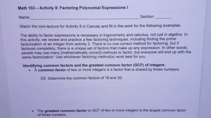 Math 103 Factoring Polynomial Expressions I