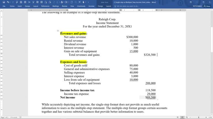 Single-step and Multiple-step Income Statement (Acc 210/Fundamentals)