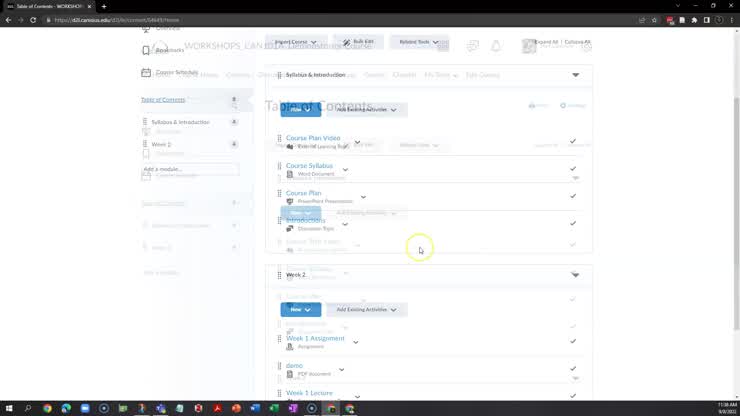 D2L Instructor: Creating, Moving, Deleting Modules in the Content Area.