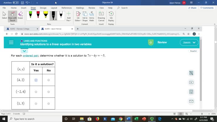 Identifying solutions to a linear equation in two variables
