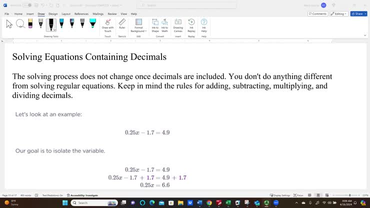 Section 40 -- Decimals-- Solving Equations Containing Decimals