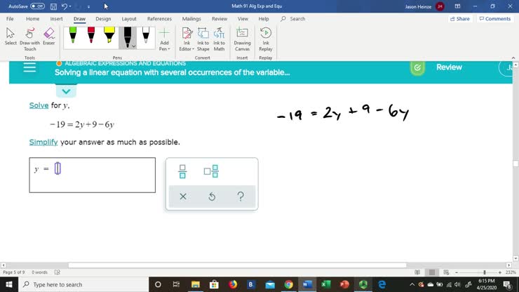 Solving a linear equation with several occurences of the variable: Variables on the same side