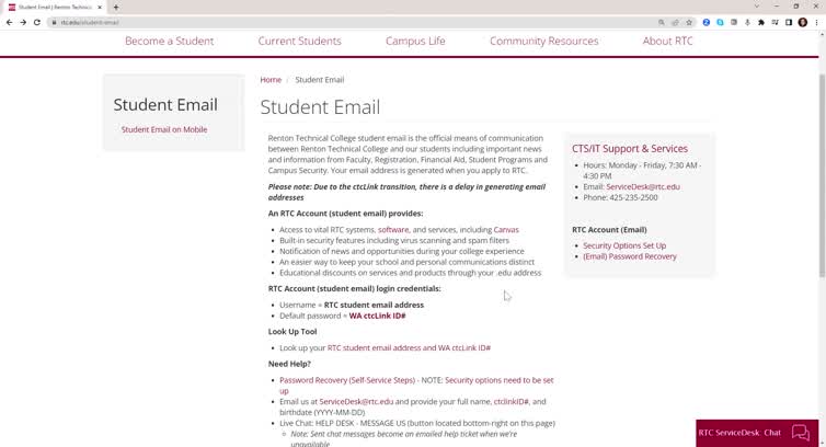 Accessing your RTC student email account