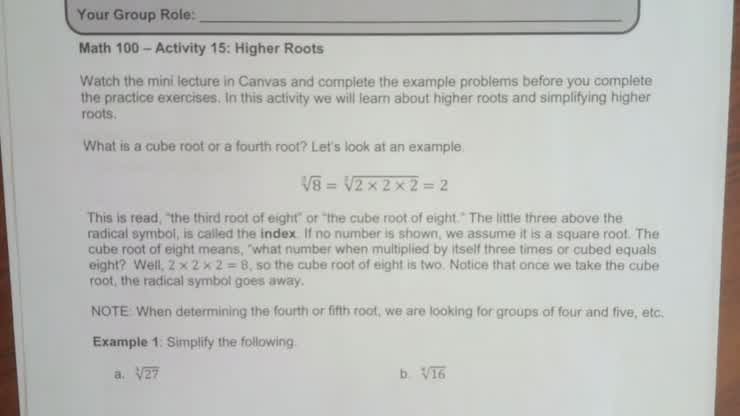 Math 100 - Activity 15 - Higher Roots