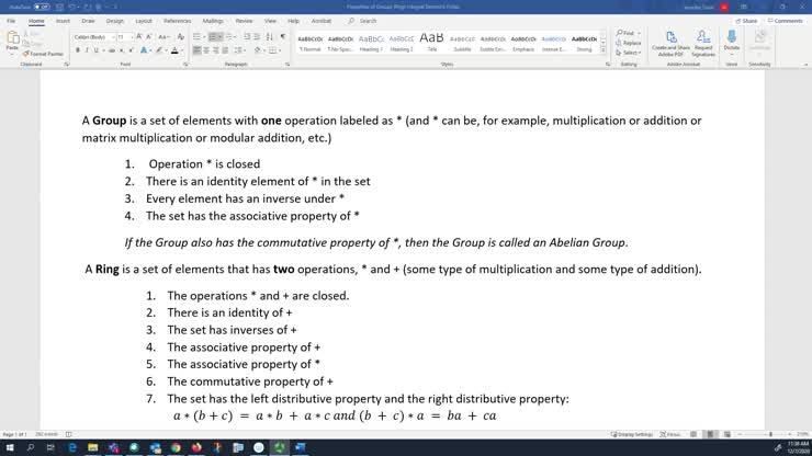 Properties of Groups, Rings, Integral Domains, and Fields