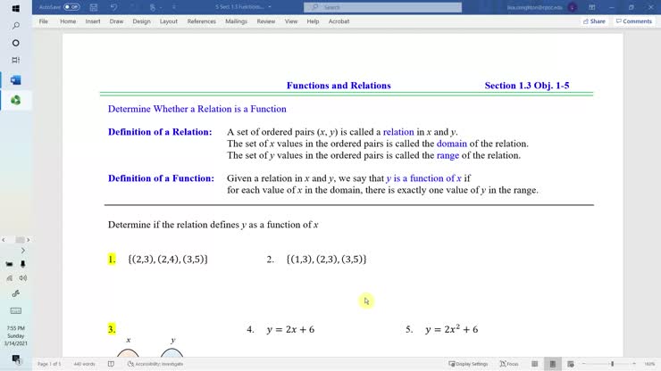 Lesson 1.3 Functions and Relations