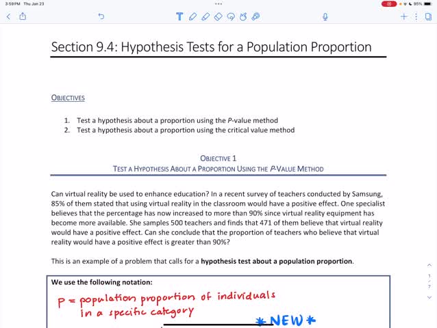 Section 9.4 ~ Hypothesis Test for Proportion