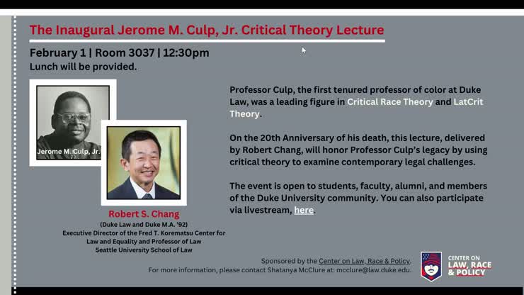 02/01/2024 - Inaugural Jerome M. Culp, Jr. Critical Theory Lecture