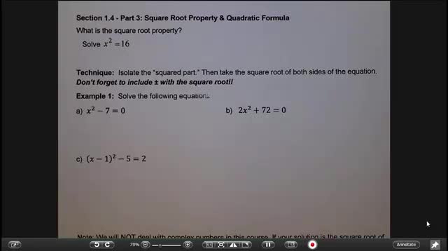 Opt Review Toolkit C.2 - Use Square Root Property & Quadratic Formula