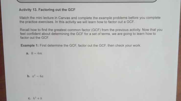 Math 100 - Activity 13 - Factoring out the GCF