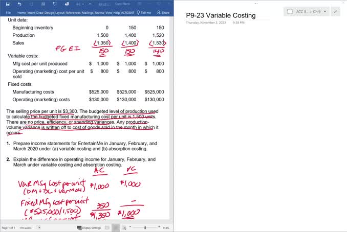 P9-23 Variable Costing (17th Ed)