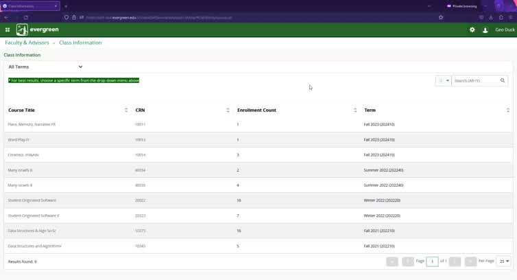 Faculty Class Information Page