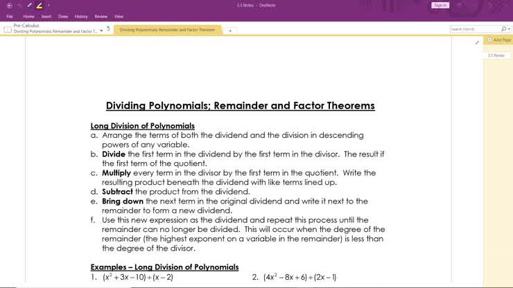 Dividing Polynomials; Remainder and Factor Theorems