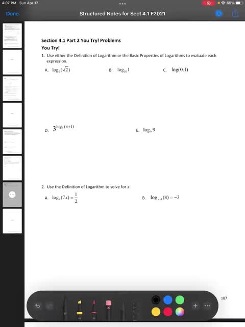 Sect 4.1 Part 2 YouTry Problem 1ABC Using Def of Log S2022
