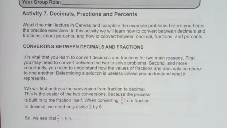 Math 100 - Activity 7 - Decimals, Fractions, and Percents