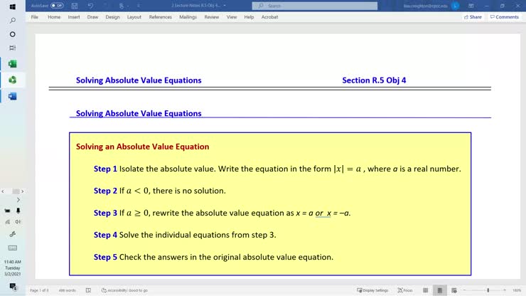 Lesson R.5 Obj 4: Absolute Value Equations