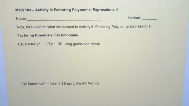 Math 103 Factoring Polynomial Expressions II