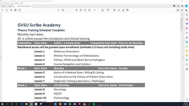GVSU Scribe Academy Training Schedule Overview 2020-2021